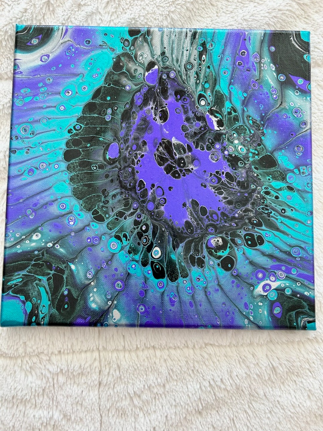 Acrylic Pour- Colander Technique 10"x10" Purple, Teal and Silver ...