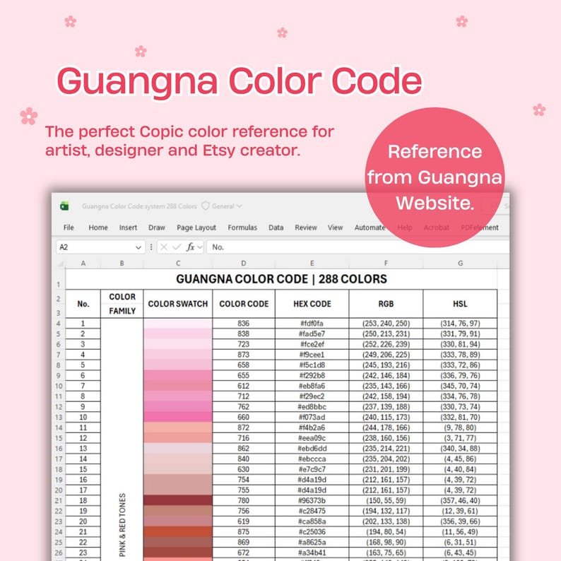 Guangna Acrylic Marker Color Code Chart | 288 Colors | Excel File | HEX ...