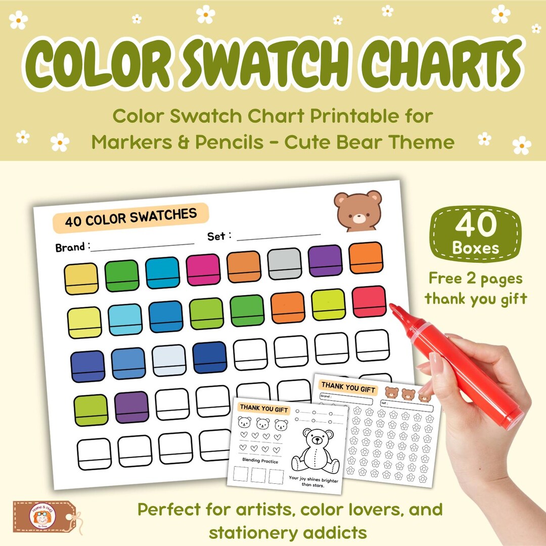 Color Swatch Chart Printable for Markers & Pencils – Cute Bear Theme ...