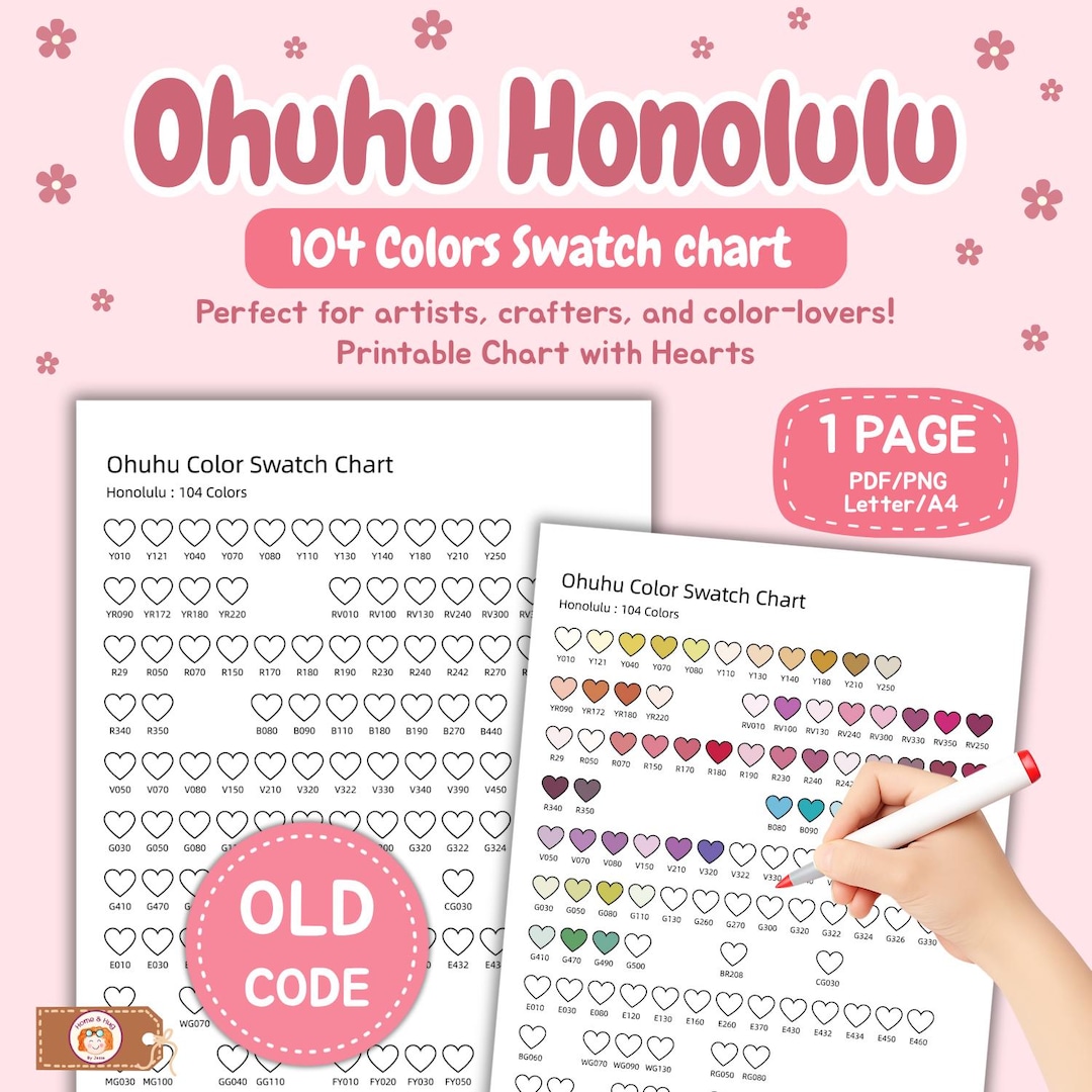 Ohuhu Honolulu 104 Color Swatch Chart: Heart Layout (PDF File/printable ...
