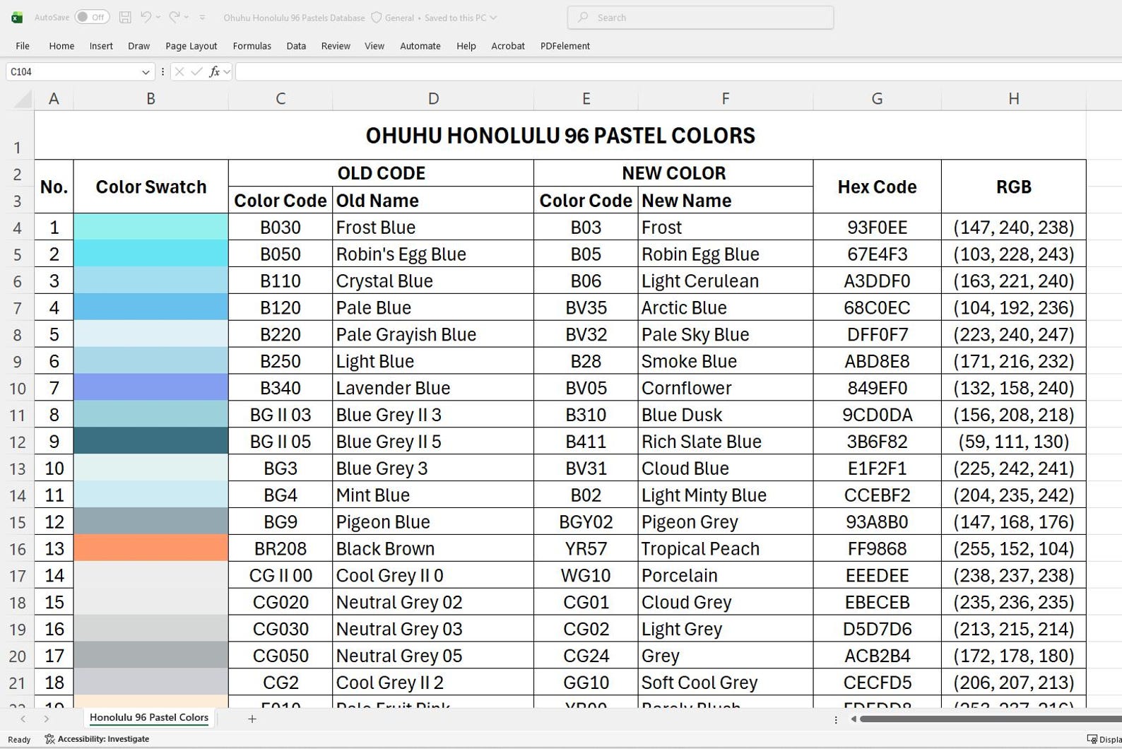 Ohuhu Honolulu Conversion Chart| 96 Pastel Colors| Old-new Code| Hex ...