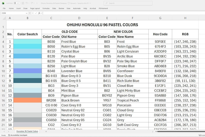 Ohuhu Honolulu Conversion Chart| 96 Pastel Colors| Old-new Code| Hex ...