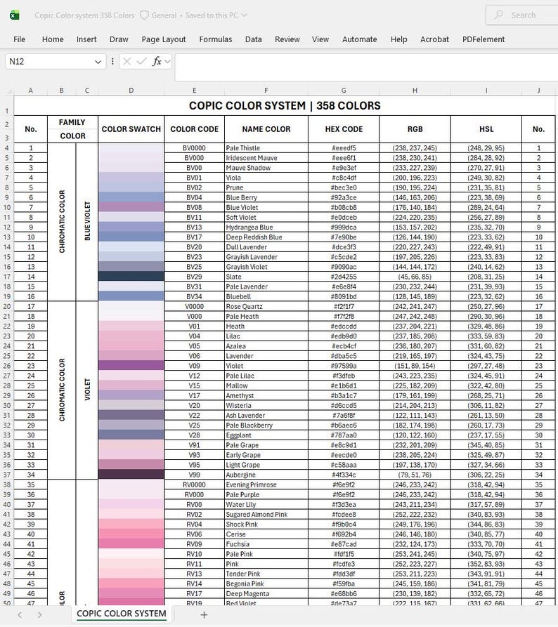 Copic Color Code Chart 358 Colors | Excel Database RGB HSL HEX | Color ...