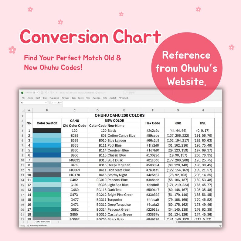Ohuhu OAHU Conversion Chart| 200 Colors| Old New Code| Hex Code | RGB ...