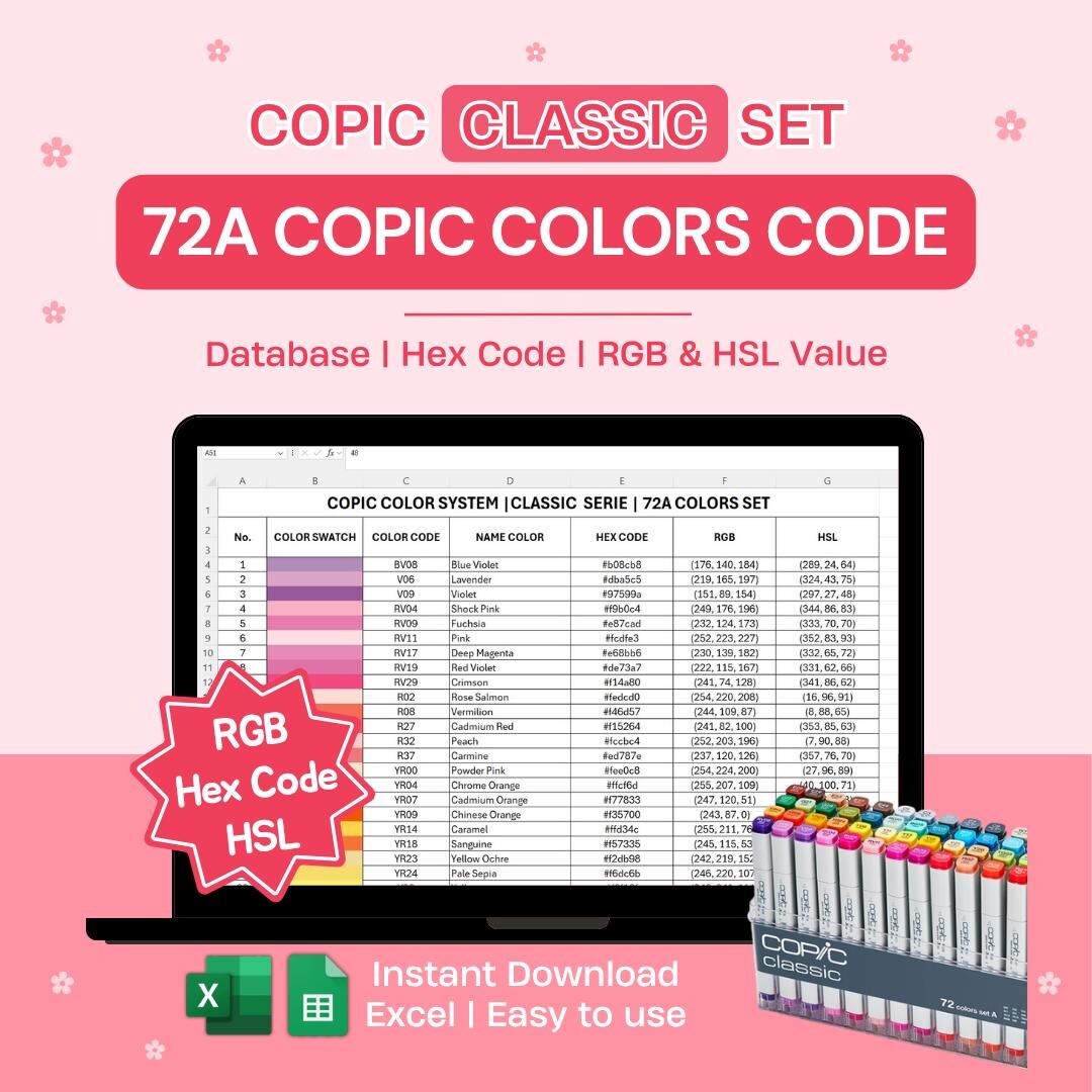 Copic Color Code Chart 72A Colors | Classic Set | Excel Database HEX ...