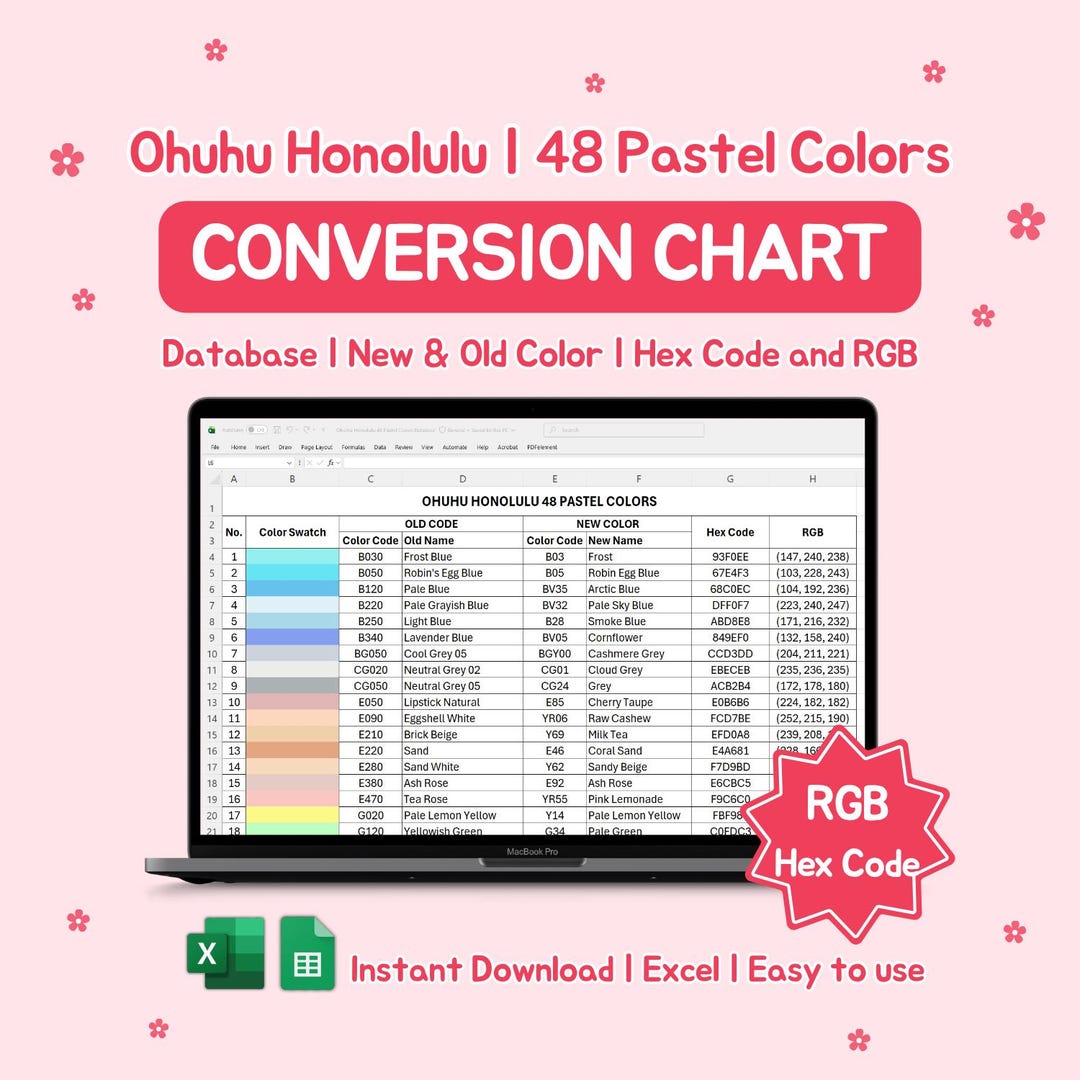 Ohuhu Honolulu Conversion Chart| 48 Pastel | Old-new Code| Hex Code ...