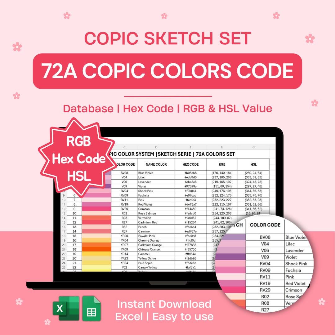 Copic Color Code Chart 72A Colors | Sketch Set | Excel Database HEX RGB ...