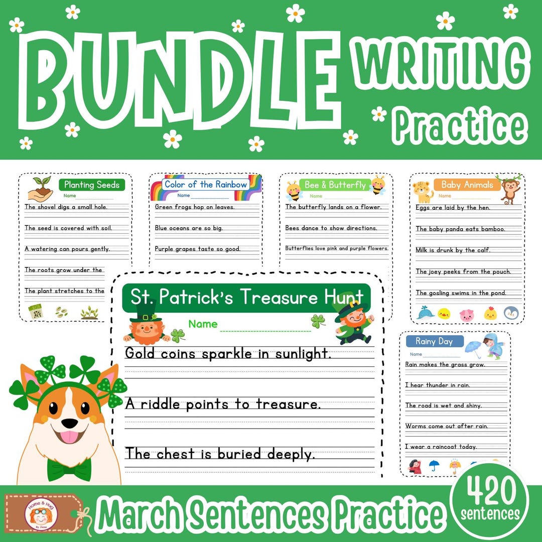 March Sentence Writing Practice: Phonics ELA Worksheets (BUNDLE) - Etsy