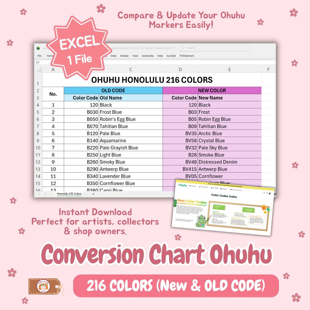 Ohuhu Marker Color Conversion Chart: 216 Color Old and New Codes (excel ...