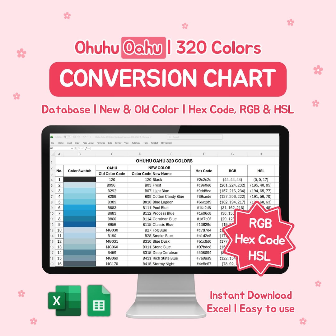 Ohuhu OAHU Conversion Chart| 320 Colors| Old New Code| Hex Code | RGB ...