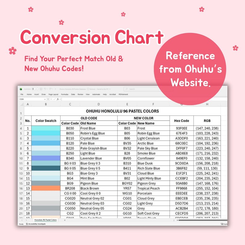 Ohuhu Honolulu Conversion Chart| 96 Pastel Colors| Old-new Code| Hex ...