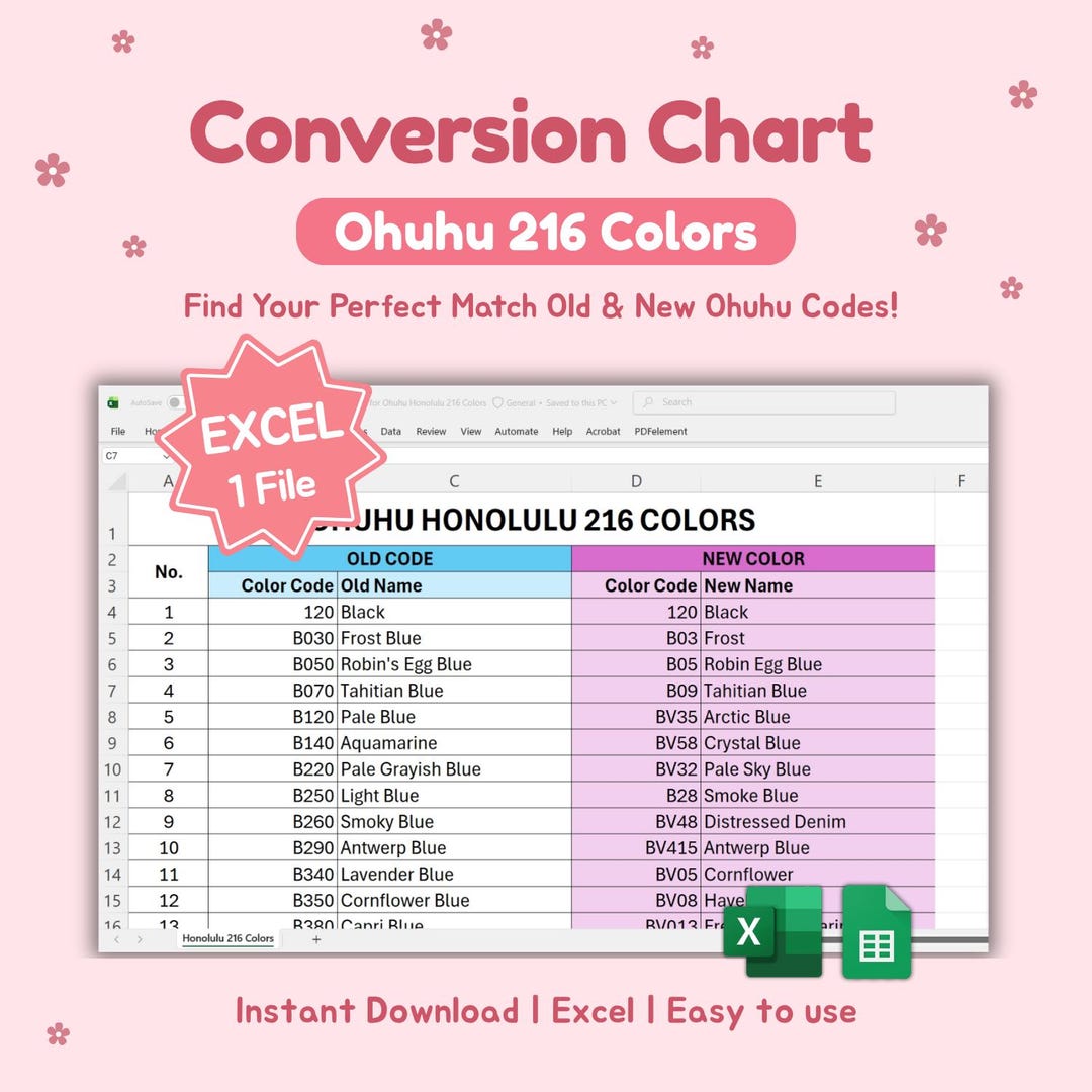 Ohuhu Honolulu Conversion Chart for 216 Colors : Old and New Codes ...
