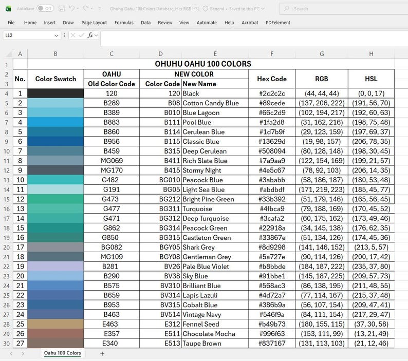 Ohuhu OAHU Conversion Chart| 100 Colors| Old New Code| Hex Code | RGB ...