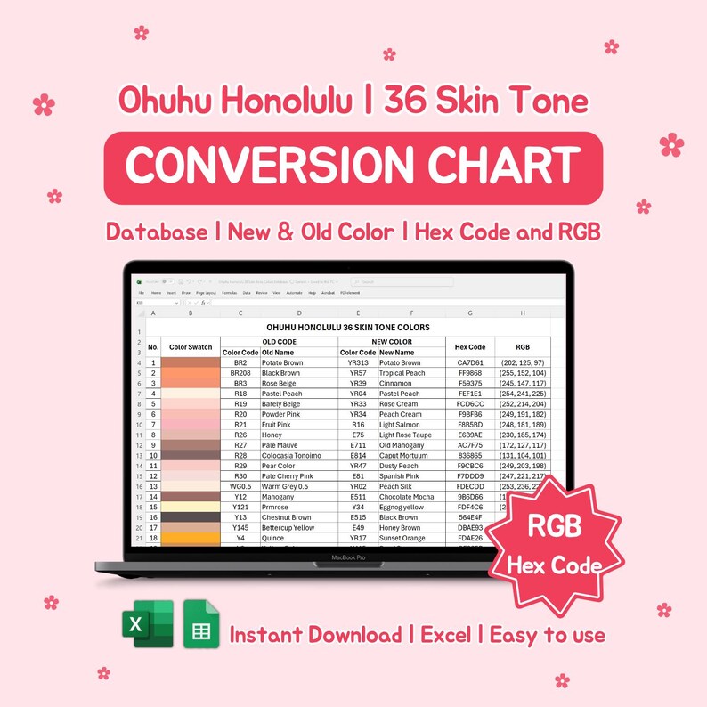 Ohuhu Honolulu Conversion Chart| 36 Skin Tones| Old-new Code| Hex Code ...
