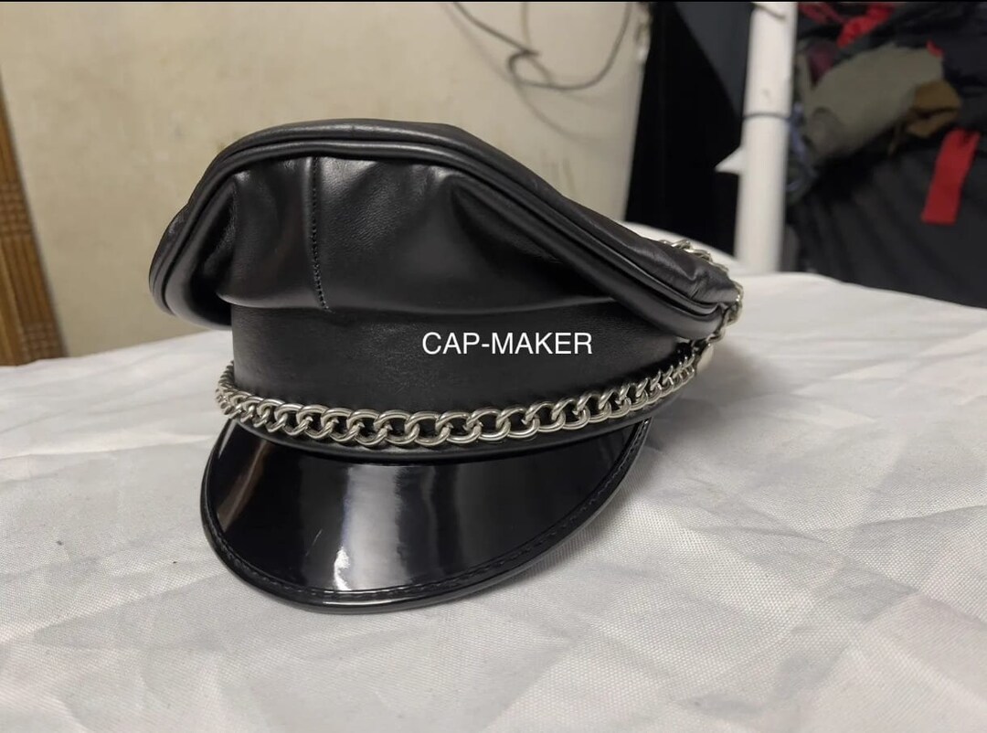 Finest Soft Real Leather Muir Cap Peaked Cap With Chain, Biker Cap ...