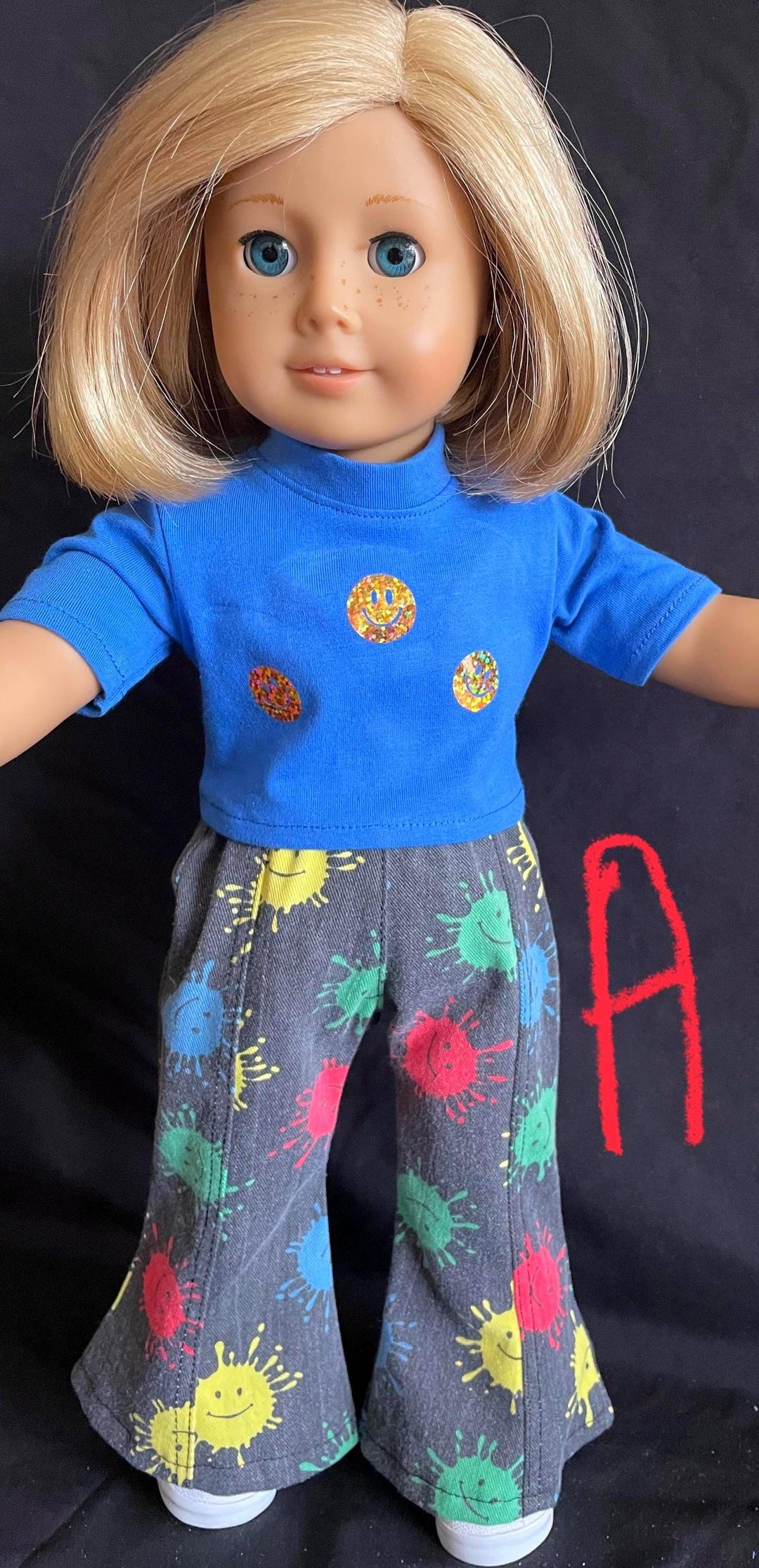 18-inch Doll Outfit: Handmade Smiley Tee & Paint Splatter Bell Bottoms ...