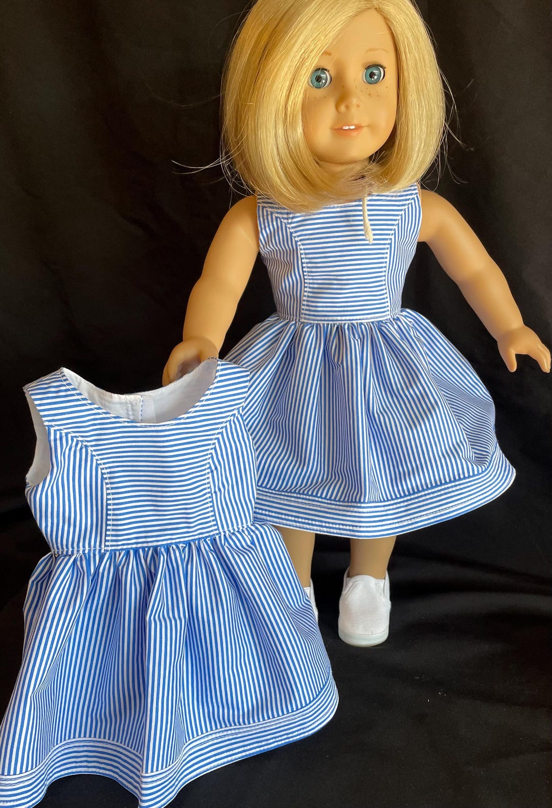 18 Inch Doll Dress: Party Dress Multi Directional Stripes. Blue/white ...