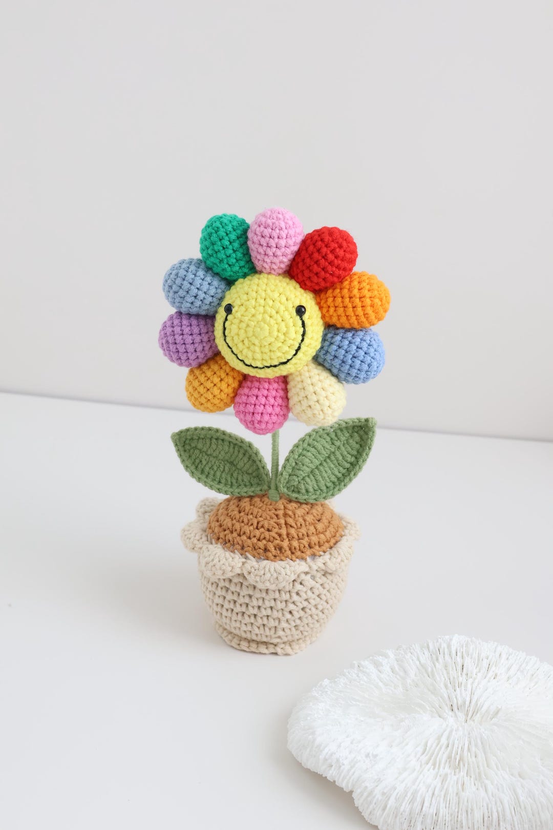 Crochet Happy Face Sunflower, Crochet Flower in Pot, Housewarming Gift ...