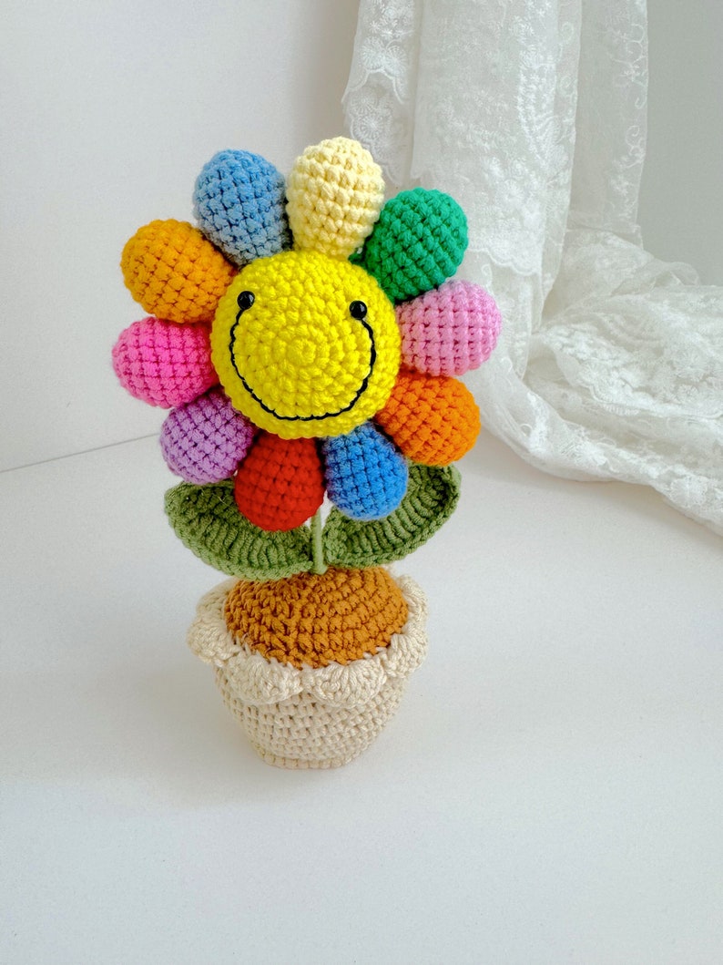 Crochet Happy Face Sunflower, Crochet Flower in Pot, Housewarming Gift ...