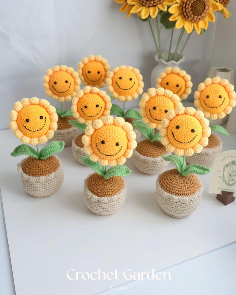 Crochet Happy Face Sunflower, Crochet Flower in Pot, Housewarming Gift ...