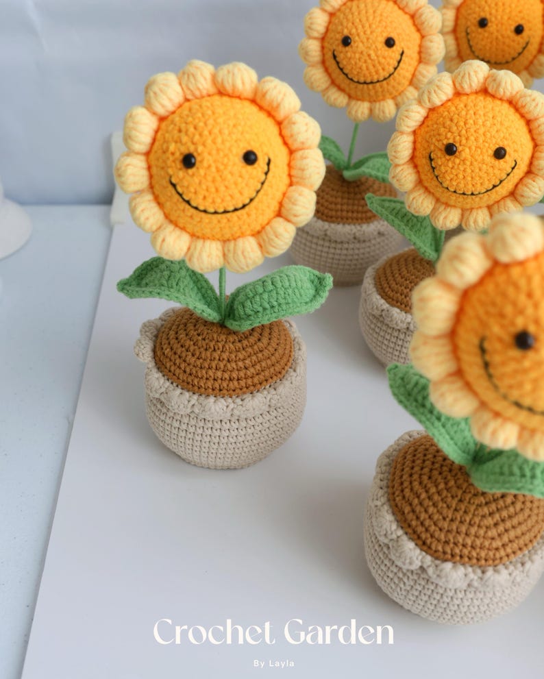 Crochet Happy Face Sunflower, Crochet Flower in Pot, Housewarming Gift ...