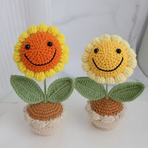 Crochet Happy Face Sunflower, Crochet Flower in Pot, Housewarming Gift ...