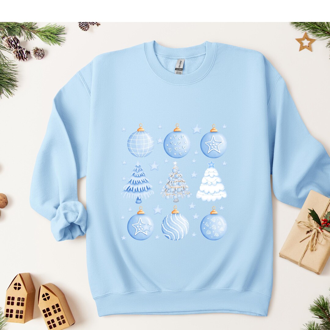 Blue Christmas Ornaments Sweatshirt Elegant Holiday Trees and Stars ...