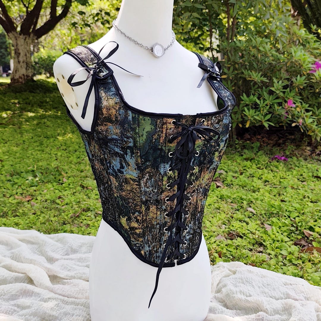Green Moss Renaissance Corset, Oil Painting Gilt Corset Top, Vintage ...
