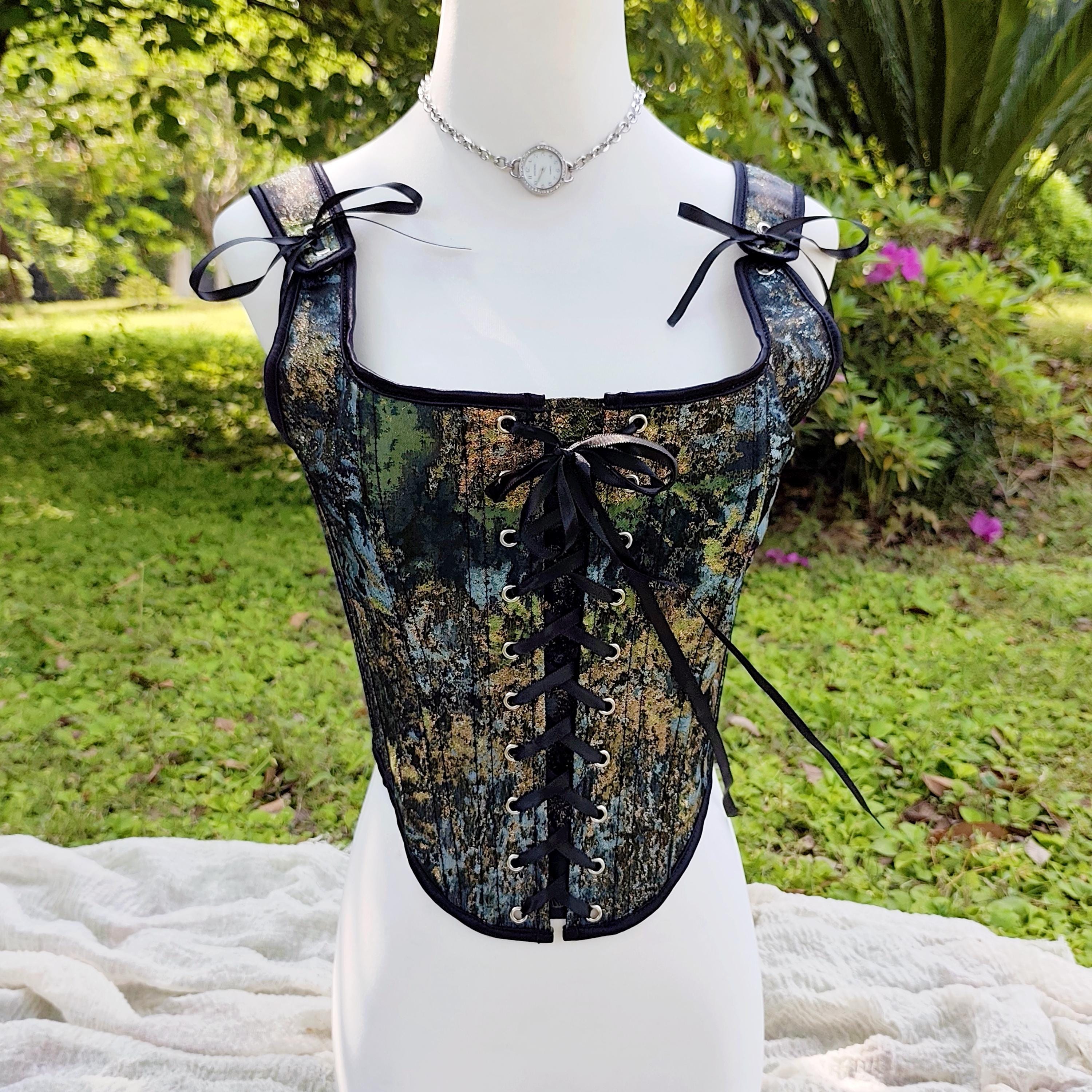 Green Moss Renaissance Corset, Oil Painting Gilt Corset Top, Vintage ...