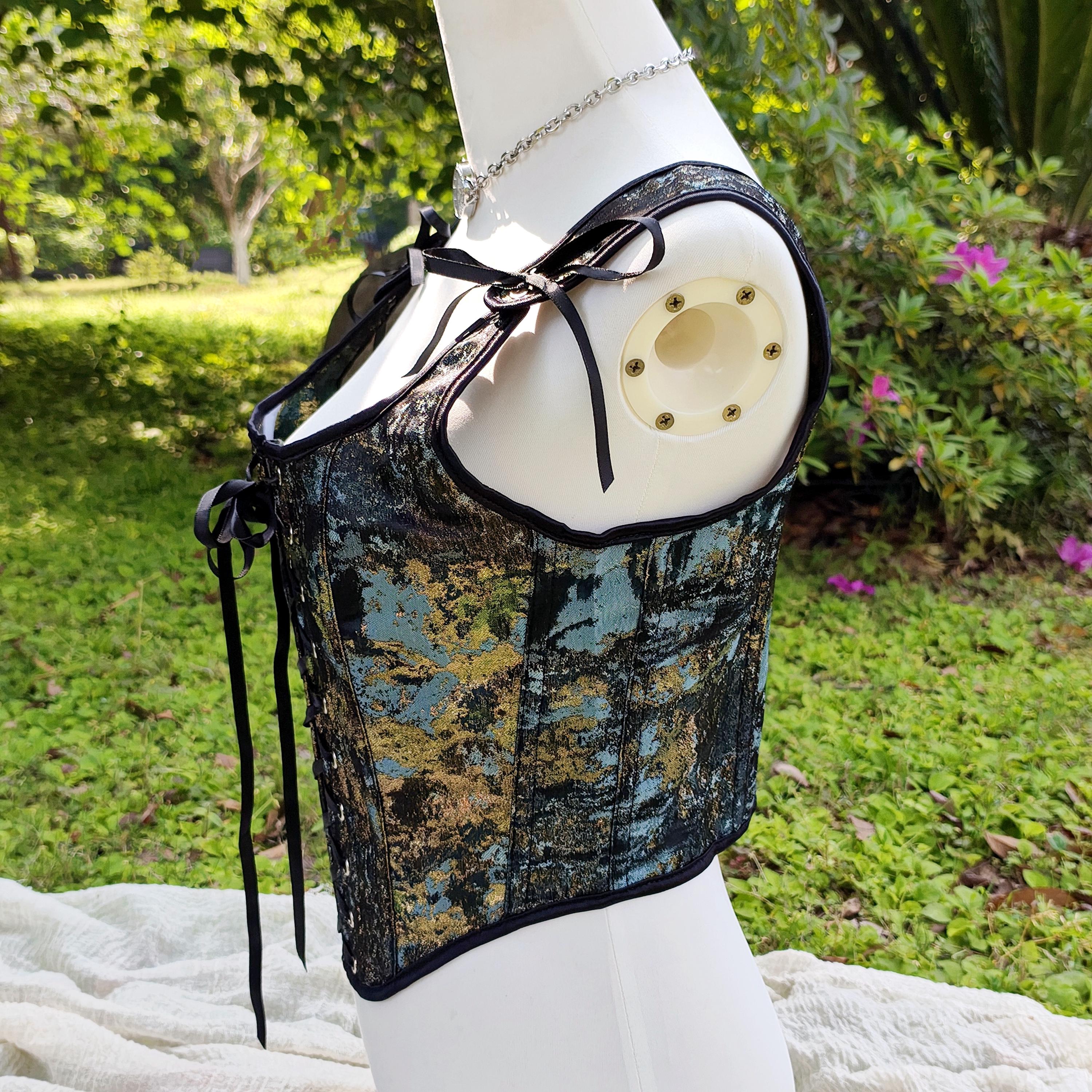 Green Moss Renaissance Corset, Oil Painting Gilt Corset Top, Vintage ...