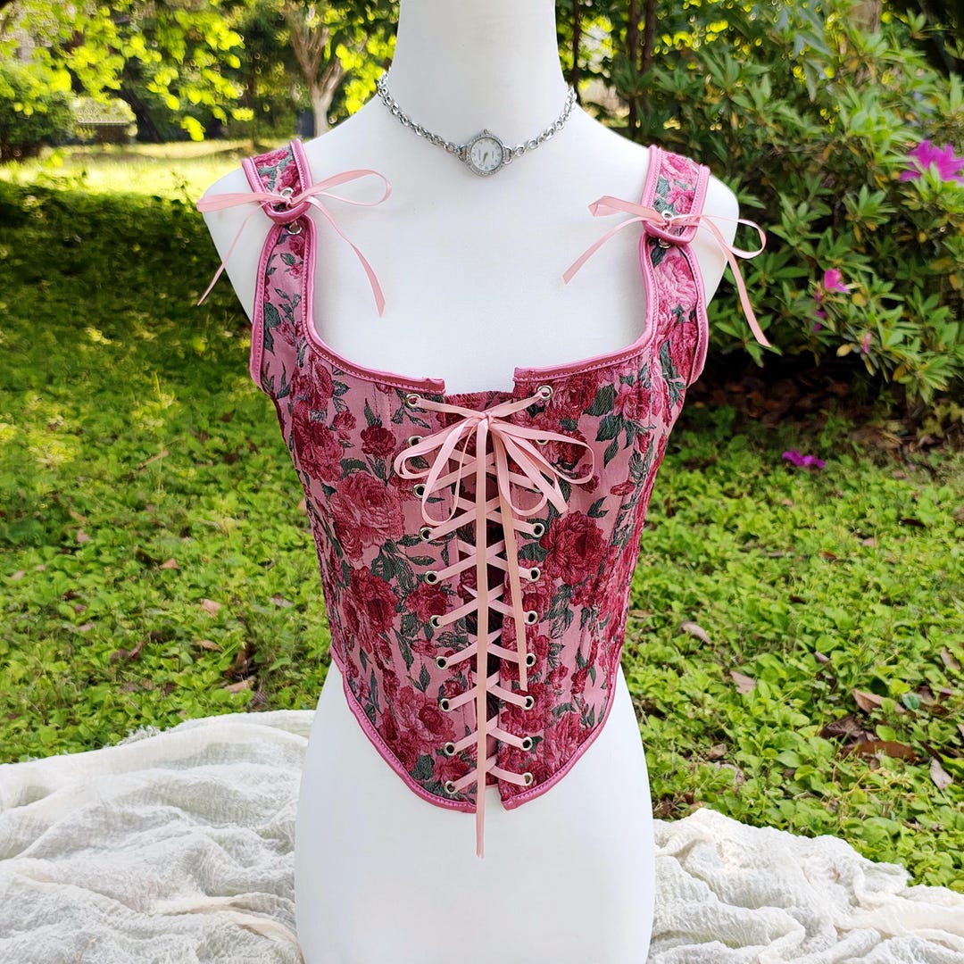 Red Rose Corset Top, Cottagecore Renaissance Bustier Corset, Chest Lace-up Corset Top, Custom ...