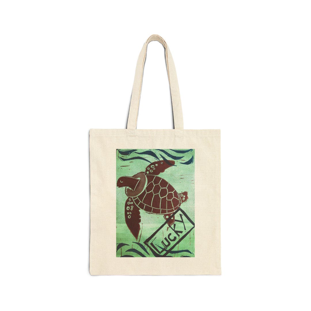 Lucky Turtle Cotton Canvas Tote Bag Turtle With Golden Yoke, Buddhist ...