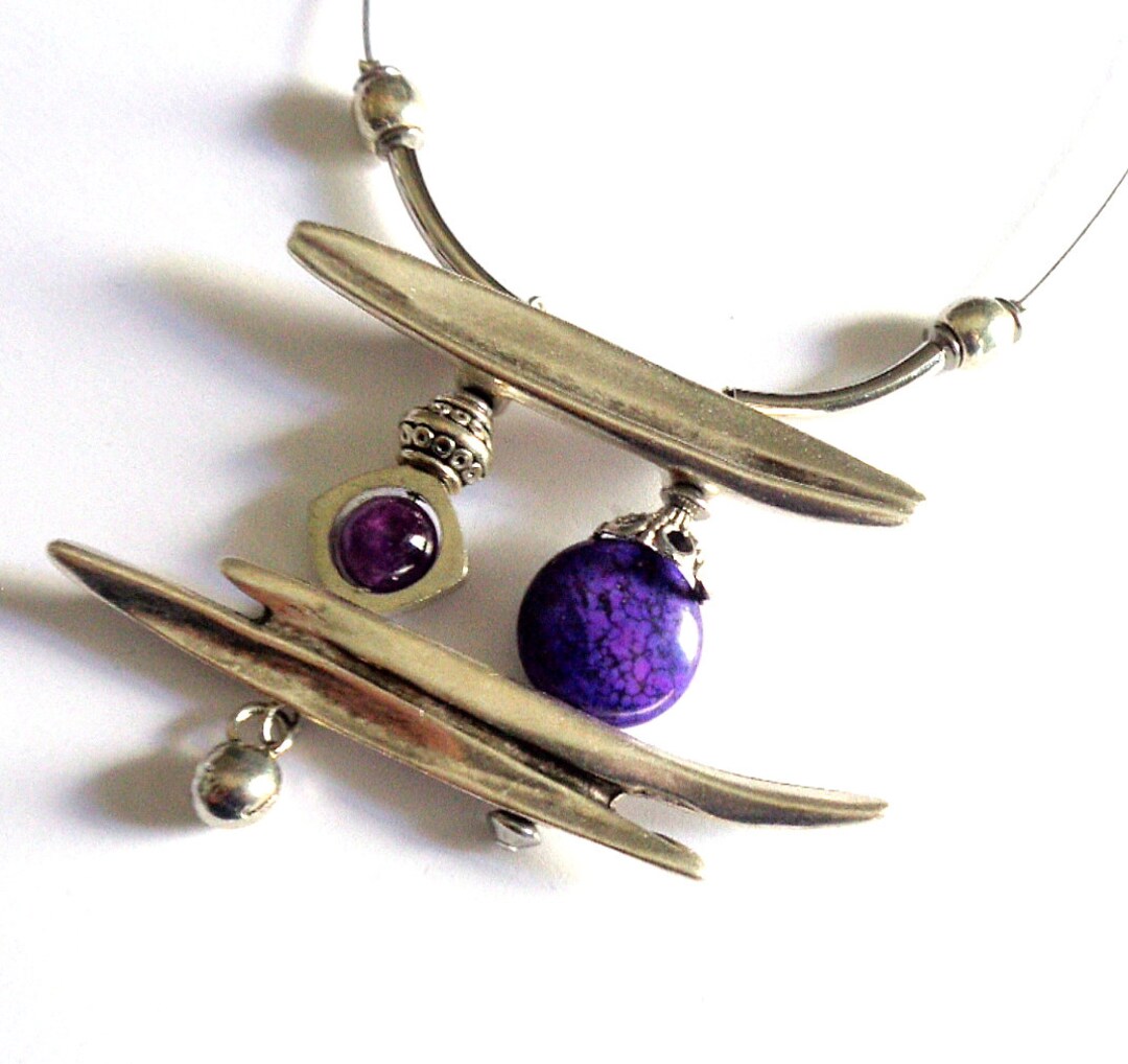 Unusual Purple Agate Abstract Necklace, Boho Asymmetrical Statement ...