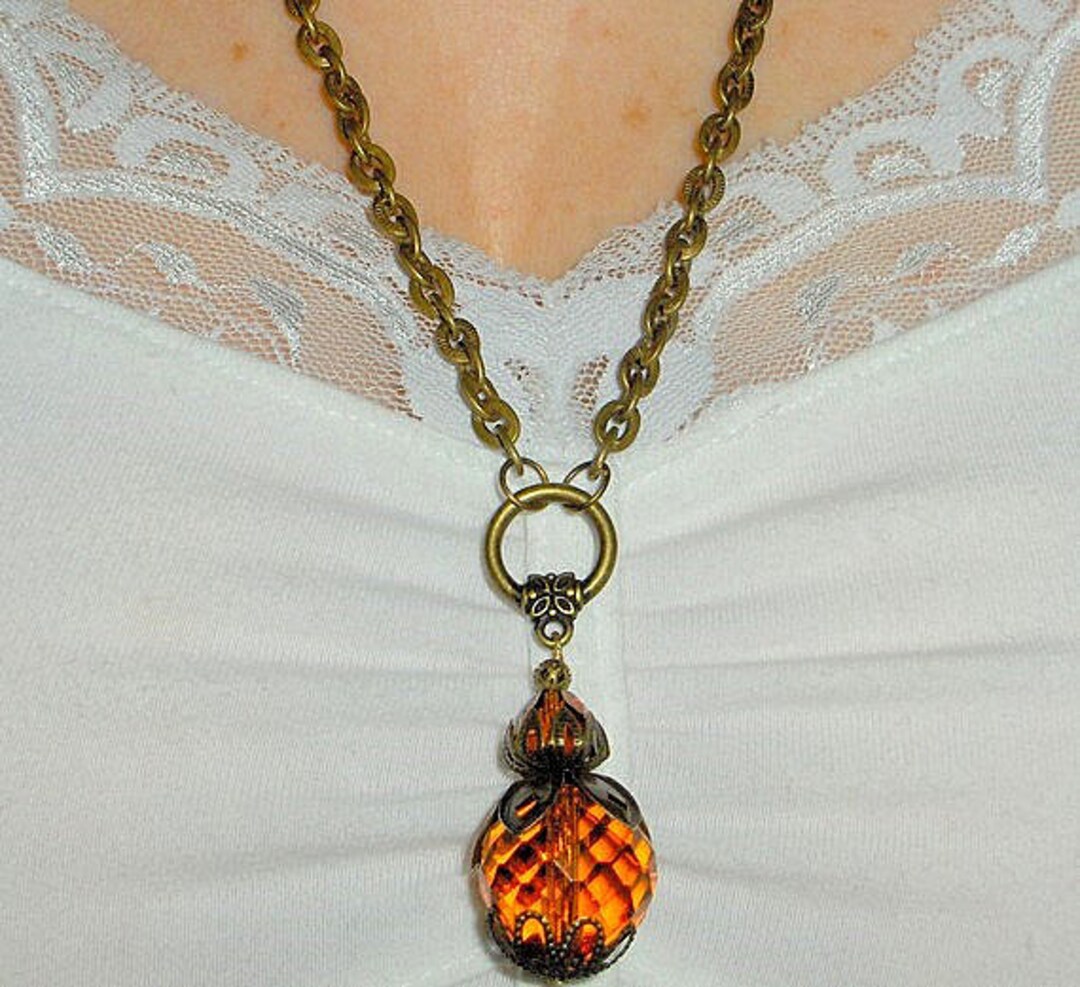 Long Antique Brass Boho Rustic Pendant, Faceted Amber Crystal Glass ...