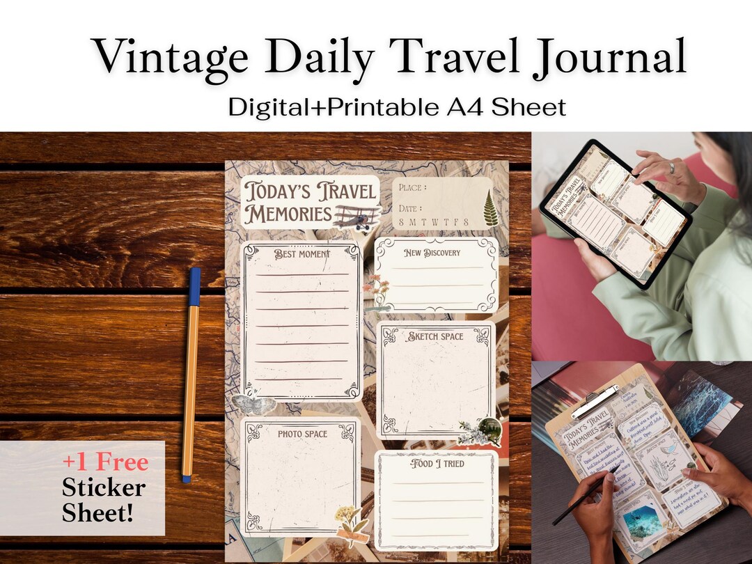 Printable Vintage Travel Journal: Daily Log + Free Stickers (digital ...
