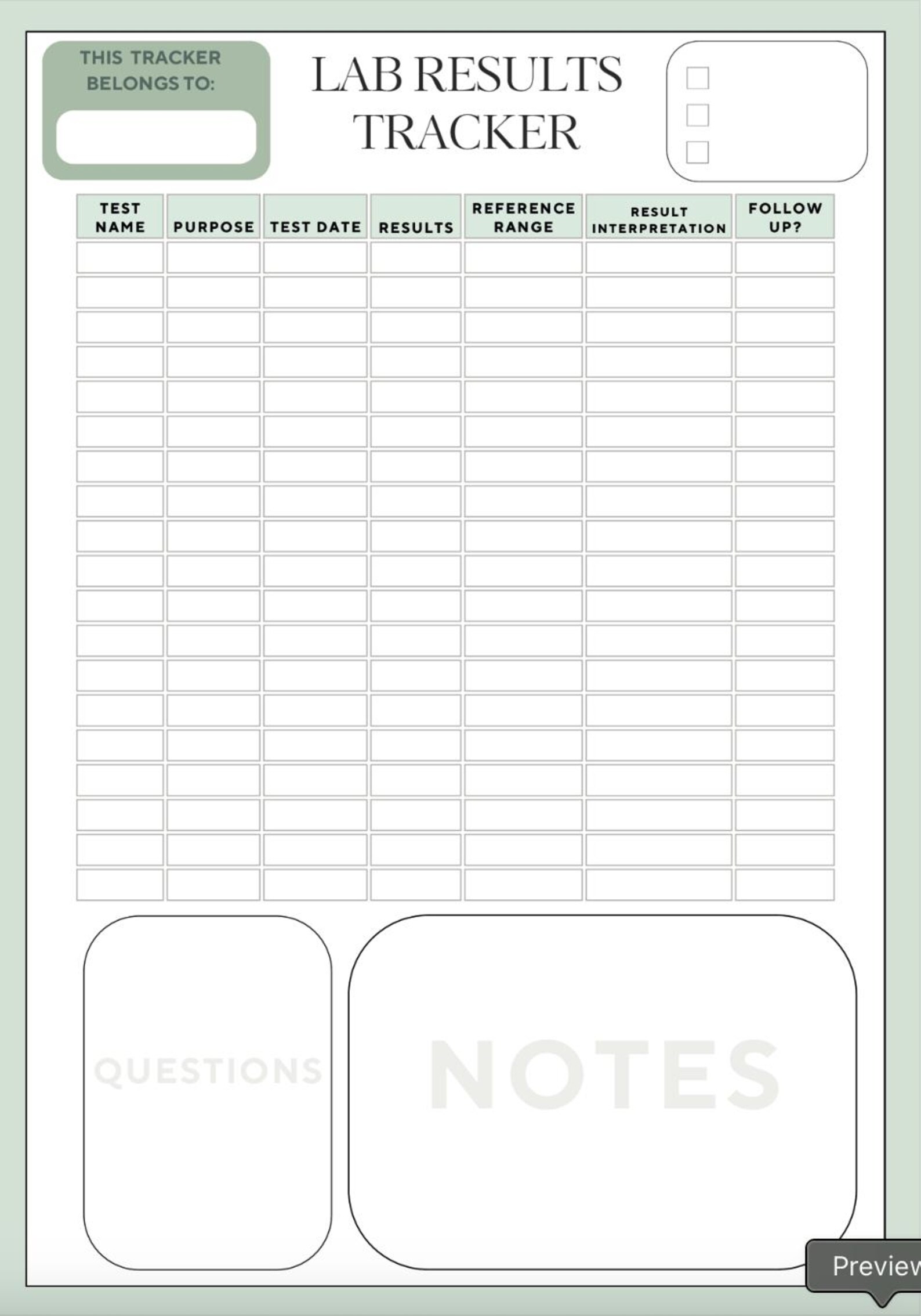Lab Results Tracker for Medical Binder Lab Test Organization Health ...