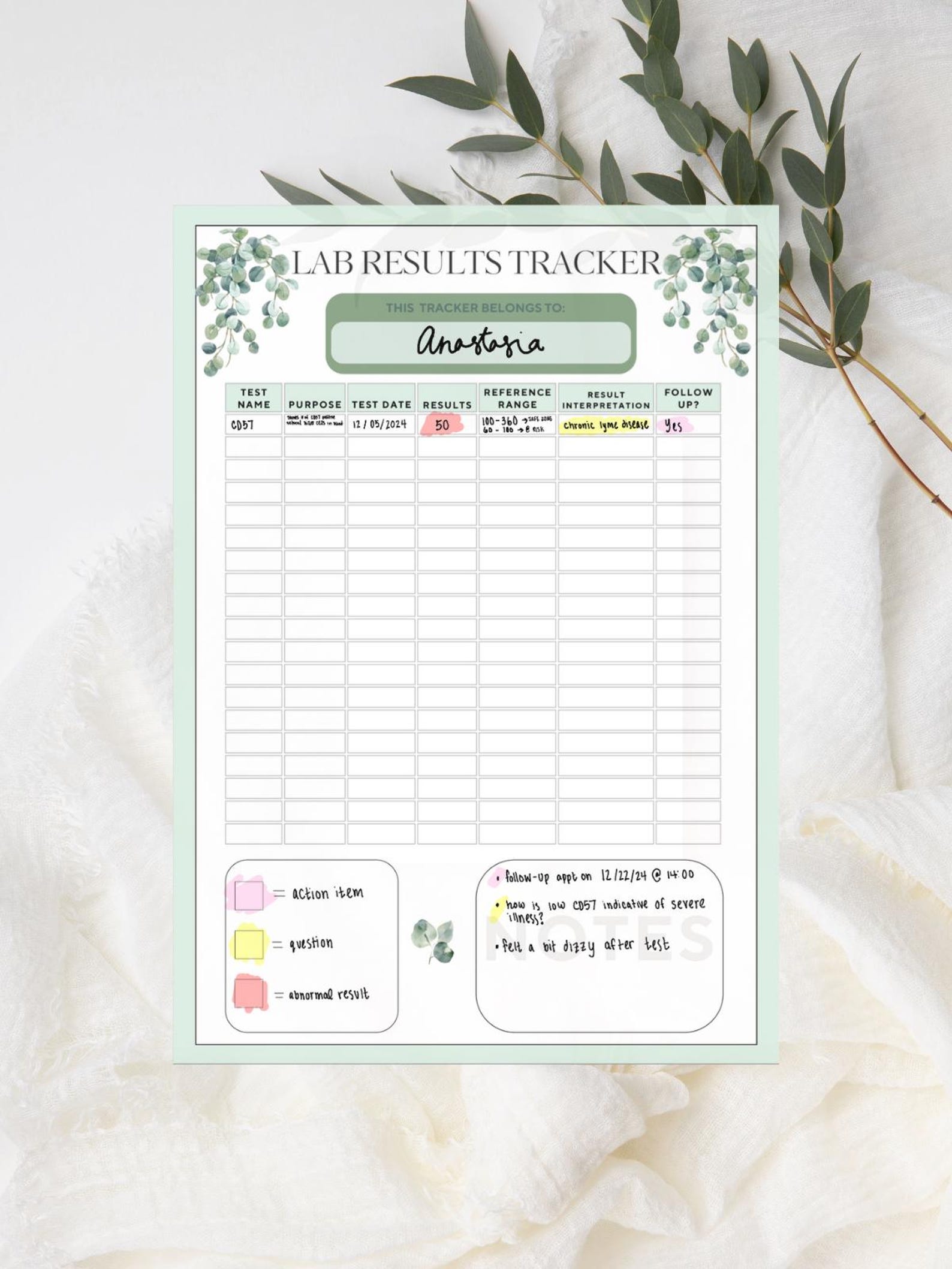 Lab Results Tracker for Medical Binder Lab Test Organization Health ...