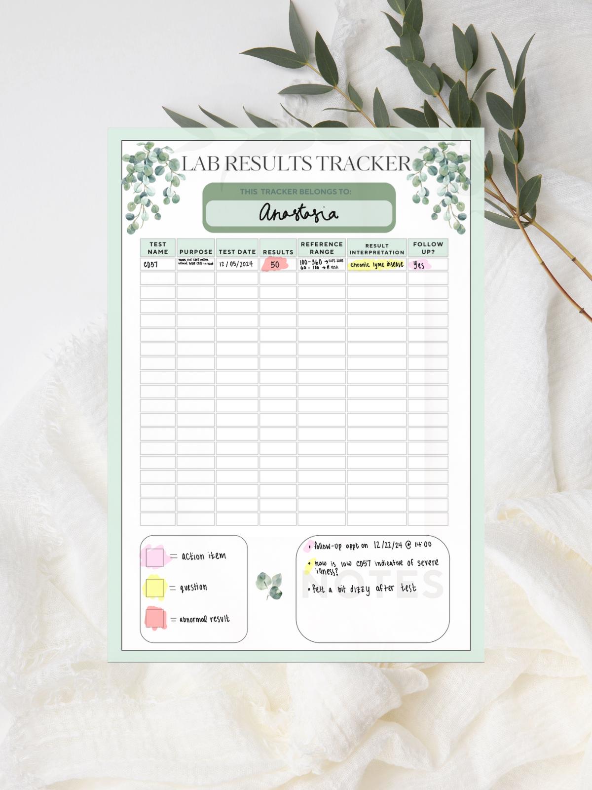 Lab Results Tracker for Medical Binder Lab Test Organization Health ...