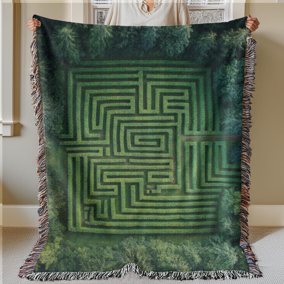 Labyrinth Field Center Woven Blanket, Medieval Dark Green Tapestry Wall ...