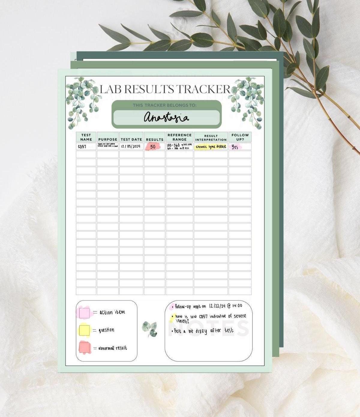 Lab Results Tracker for Medical Binder Lab Test Organization Health ...