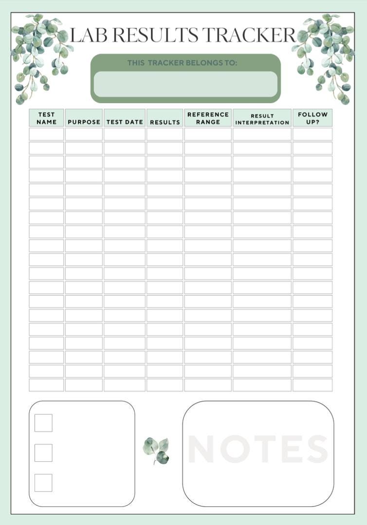 Lab Results Tracker for Medical Binder Lab Test Organization Health ...