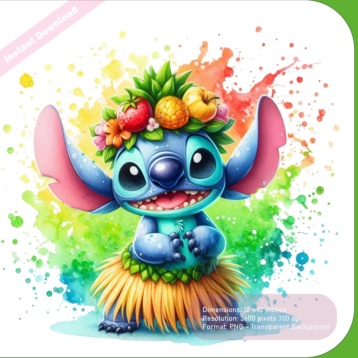 Stitch Hula Fruit Dancing Splash Watercolor PNG Aesthetic Clipart DIY ...