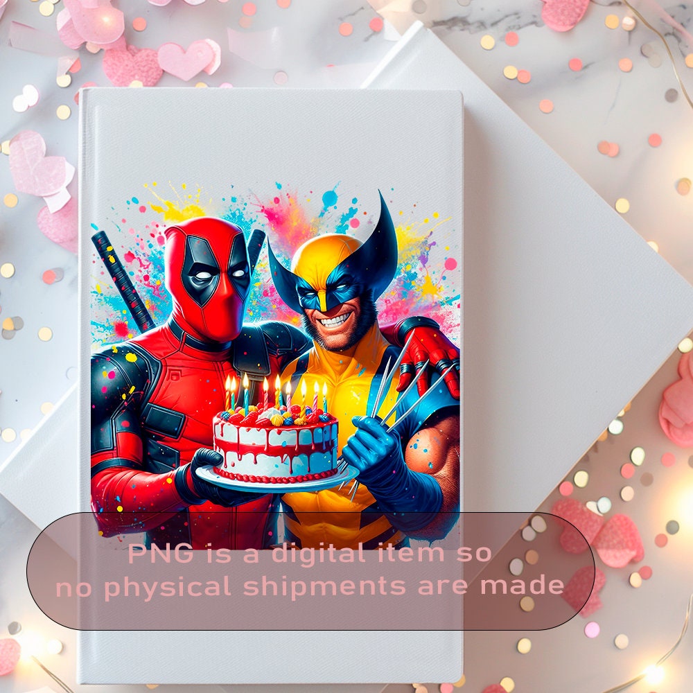 Deadpool Wolverine Birthday Cake Splash Watercolor PNG Aesthetic ...