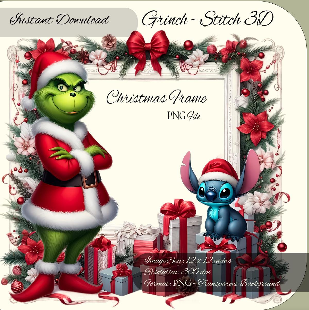 Grinch Stitch Christmas Frame PNG Splash Watercolor Santaclaus Clipart ...