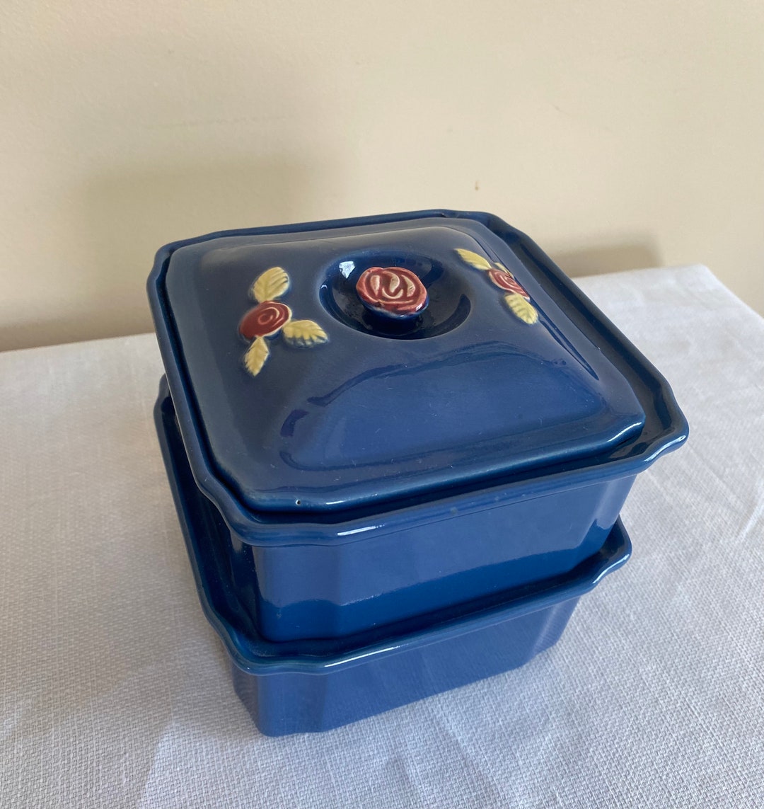 Flowered Pottery Bento Box, Stacking Boxes, Food Storage, Candy Dishes ...
