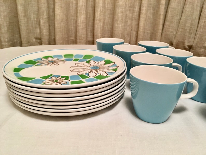 Mikasa Luncheon Set Blue Cups and Flowered Plates Cerra - Etsy