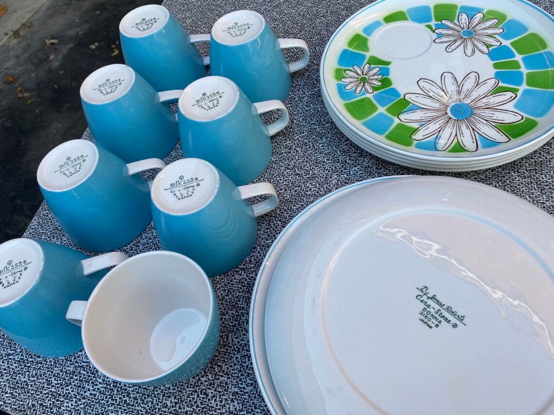 Mikasa Luncheon Set Blue Cups and Flowered Plates Cerra - Etsy
