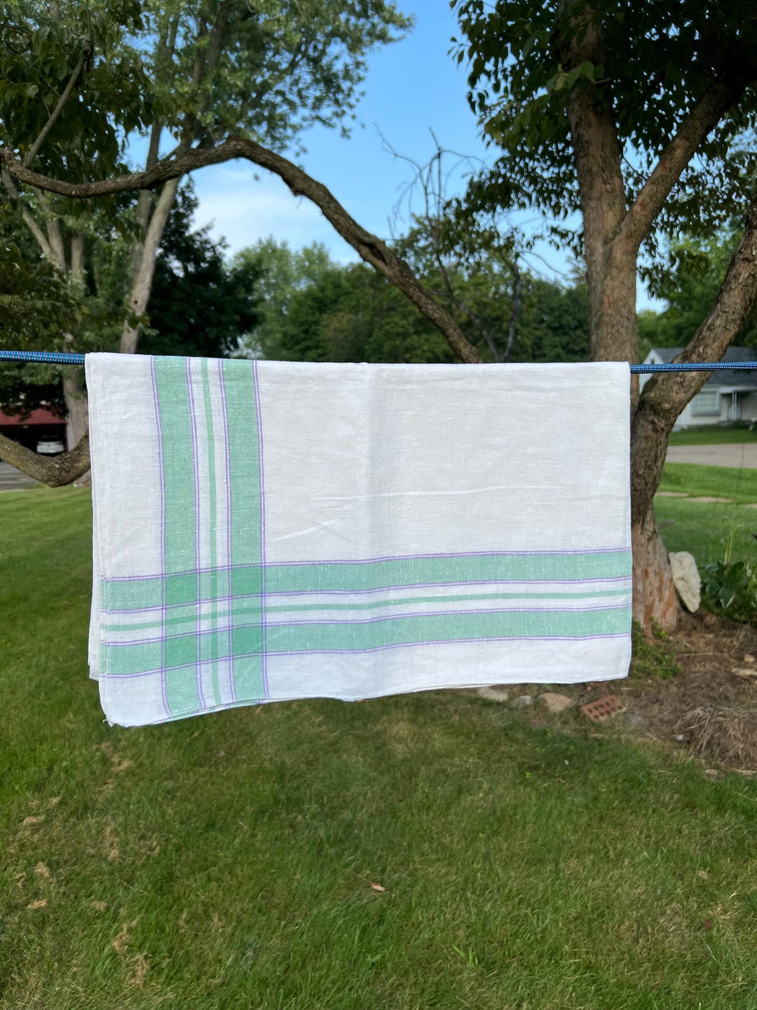 Crisp White Linen Table Cloth With Green & Purple Stripes: Vintage ...
