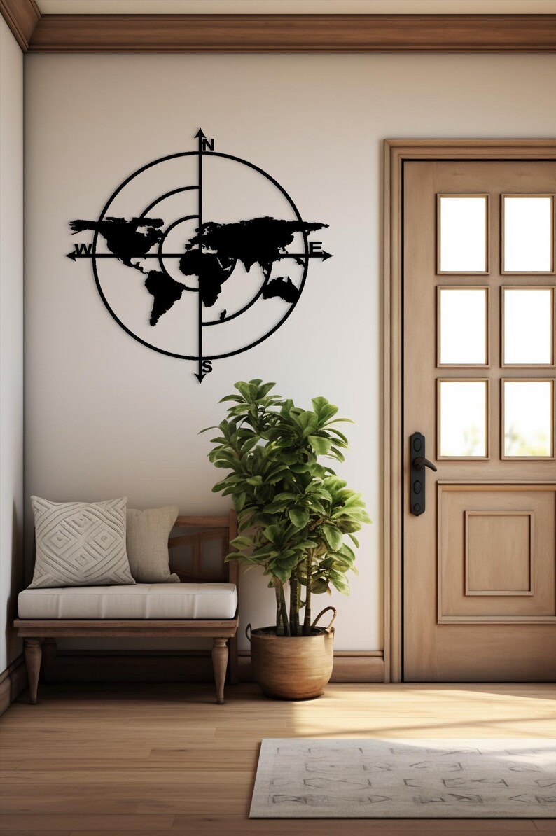World Map and Compass Metal Wall Art, World Map Wall Art, Travel ...
