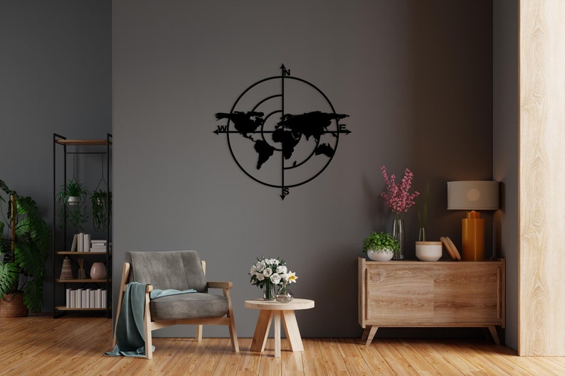 World Map and Compass Metal Wall Art, World Map Wall Art, Travel ...